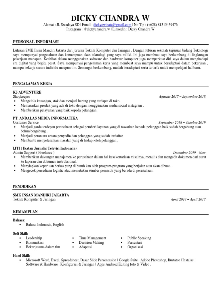CV Dicky Chandra W Ats | PDF