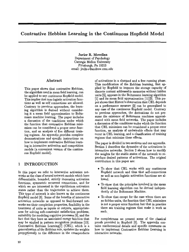 Movellan - 1991 - Contrastive Hebbian Learning in The Continuous Hopfield Model PDF | PDF ...