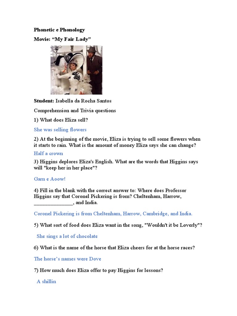 My fair lady - comprehension and trivia + discussion questions 2020-2 ...