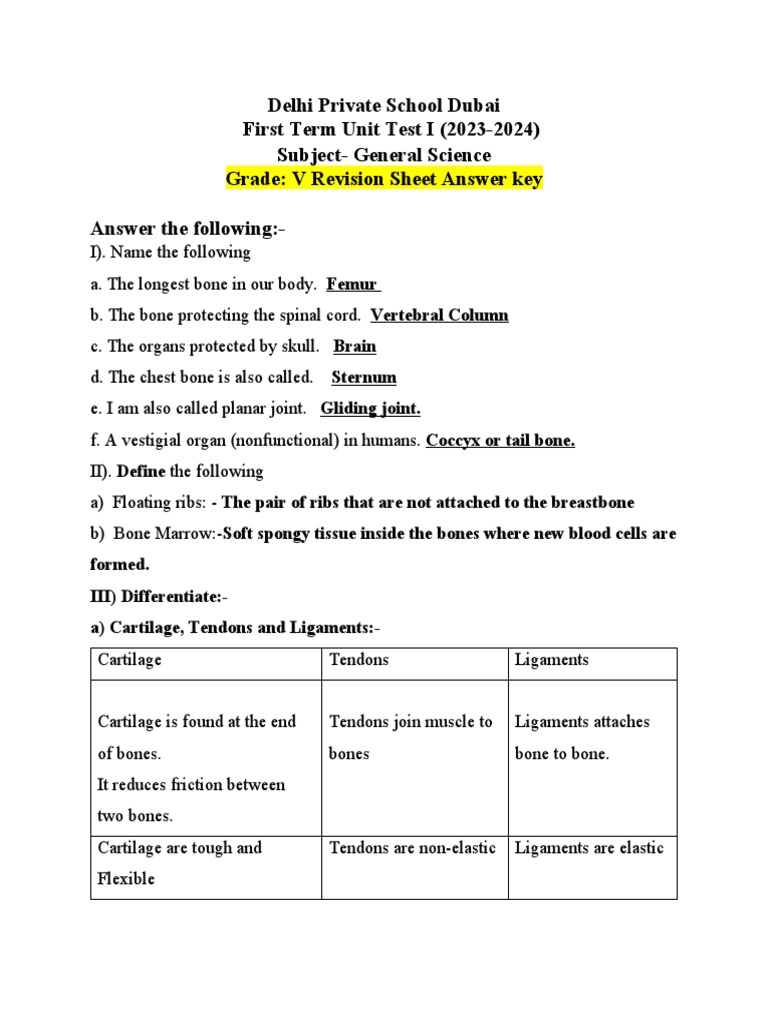 Answer Key Grade 5 Revision Sheet Pdf Skeletal Muscle Bone