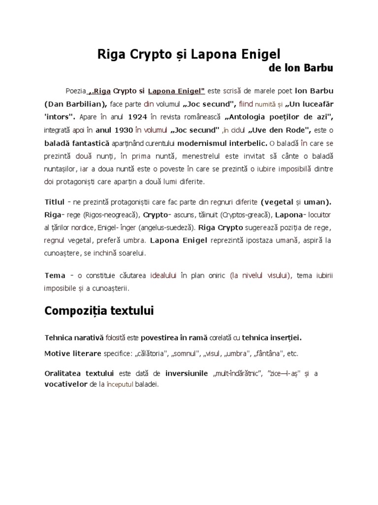 Riga Crypto Si Lapona Enigel de Ion Barbu, Comentariu BAC | PDF