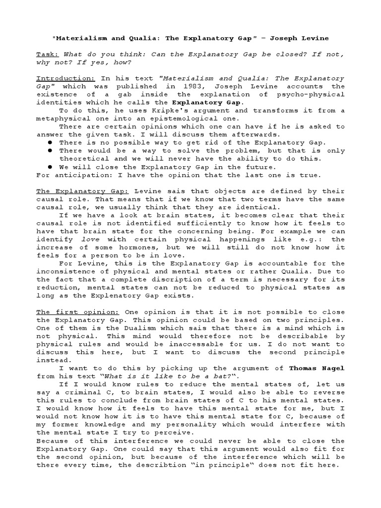 The Explanatory Gap | PDF | Philosophy Of Mind | Qualia