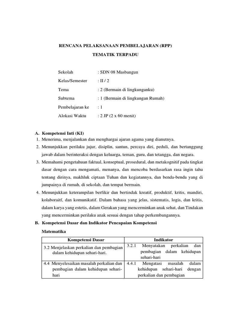 Rencana Pelaksanaan Pembelajaran (RPP) Tematik Terpadu | PDF