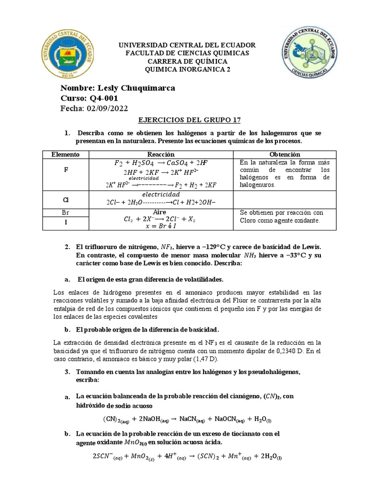 Deber Individual 8 - Ejercicios Del Grupo 17 | PDF | Redox | Compuestos químicos