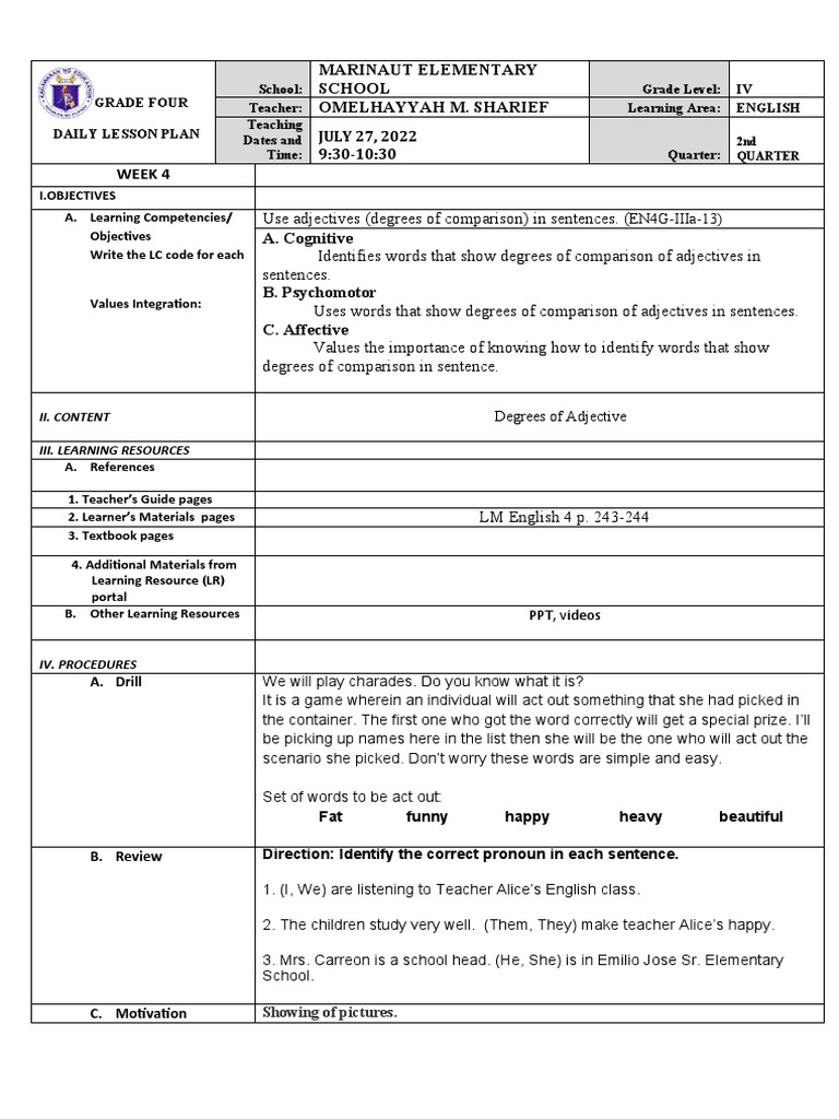 MCD Lesson Plan | PDF | Adjective | Linguistics