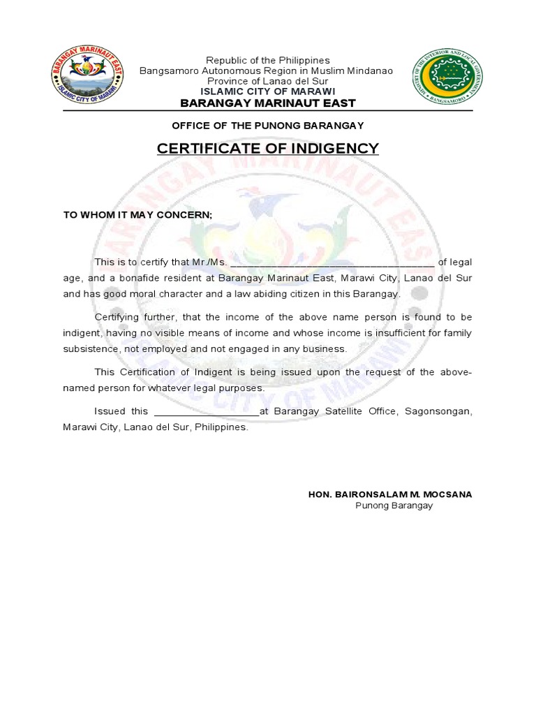 Barangay Certificate of Indigency Sample | PDF