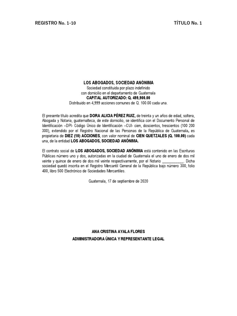19. Ejemplo Títulos de Acciones | PDF | Sociedad de responsabilidad ...