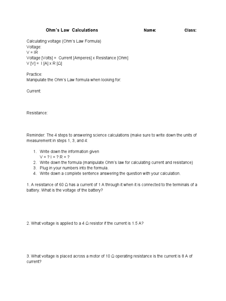Ohm's Law Worksheet | PDF