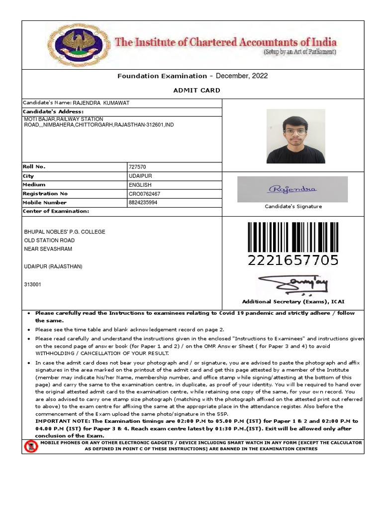 CA Foundation Admit Card 2022 | PDF | Books