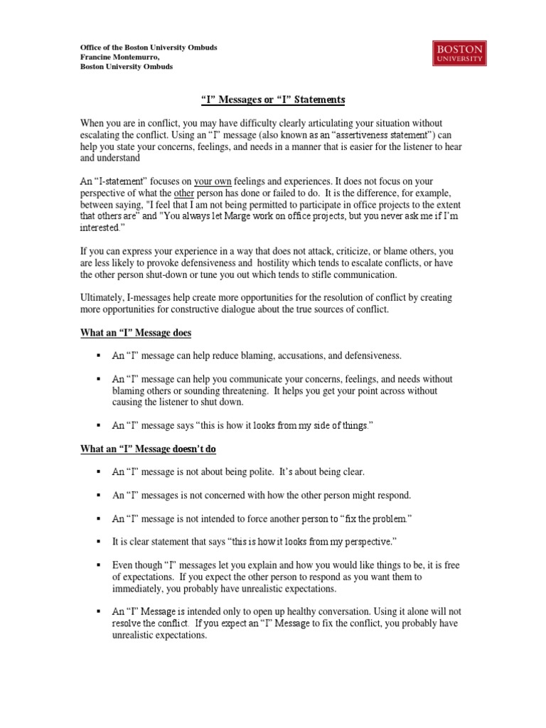 Assertive-I-messages-handout | PDF | Cognition | Psychological Concepts