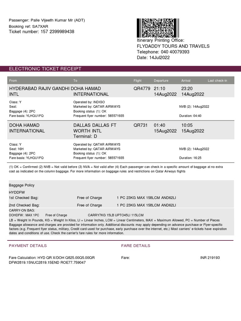 Electronic Ticket Receipt: Passenger: Palle Vijeeth Kumar MR (ADT ...