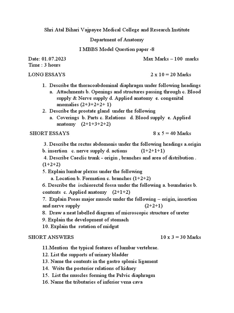 MBBS Anatomy Model Question Paper | PDF | Teaching Methods & Materials ...