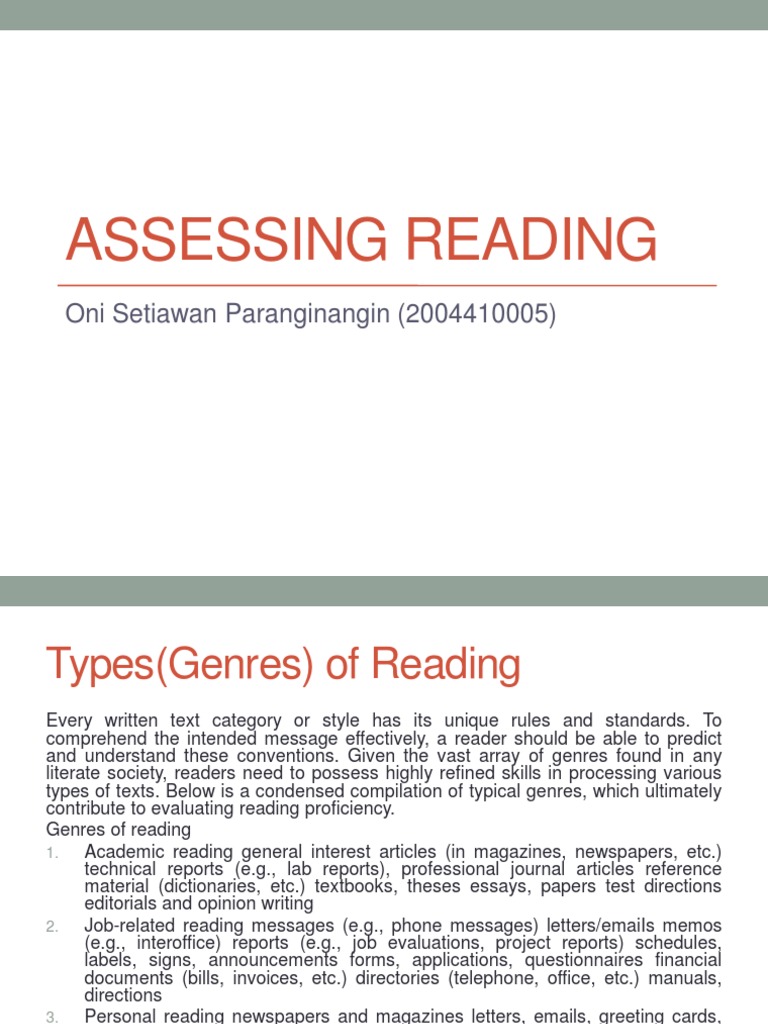 Assessing Reading Oni Setiawan | PDF | Multiple Choice | Reading Comprehension