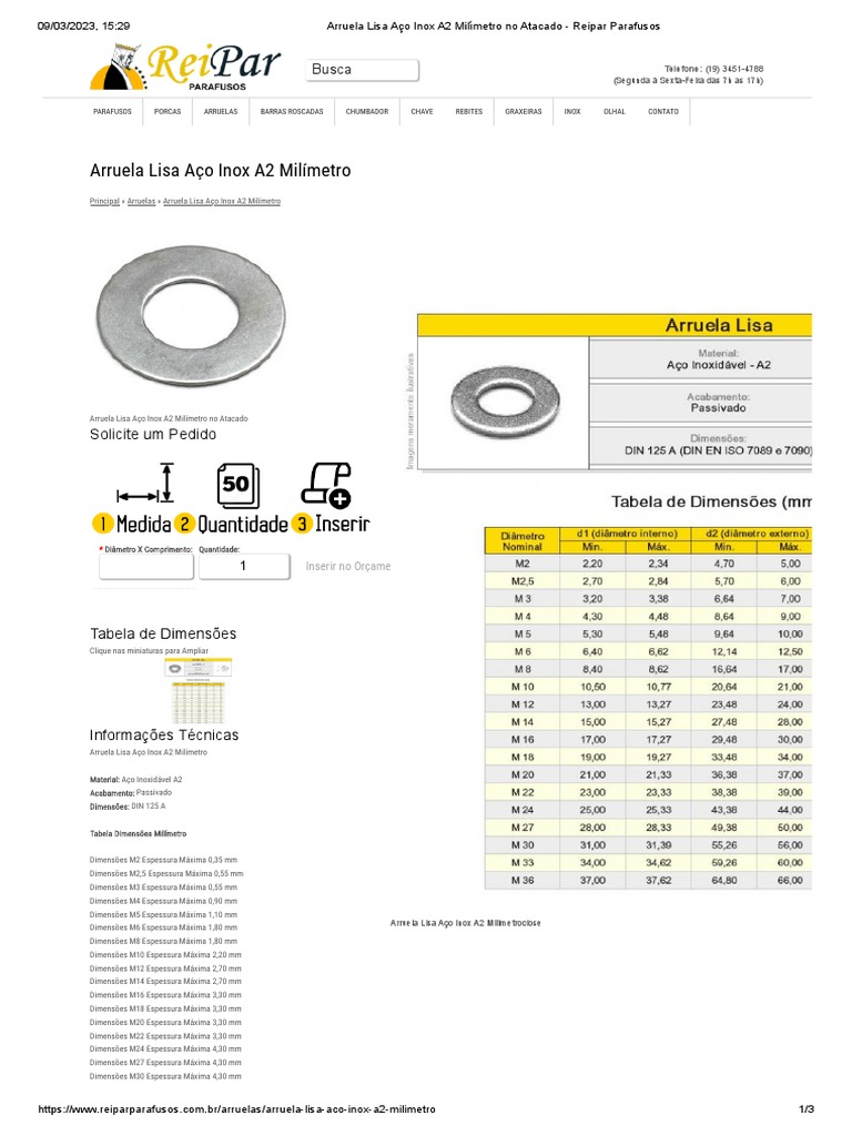 Arruela Lisa Aço Inox - DIN125-1 | PDF | Parafuso | Engenharia Mecânica