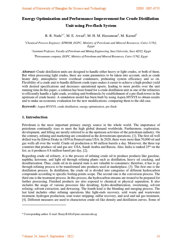 Energy Optimization And Performance Improvement For Crude Distillation Unit Using Pre Flash
