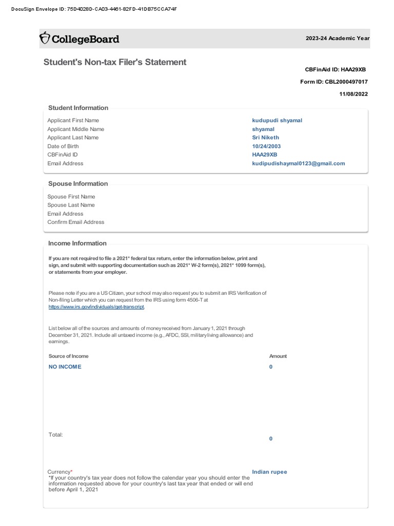 Students Non-Tax Filers Statement-Signature | Download Free PDF | Irs ...