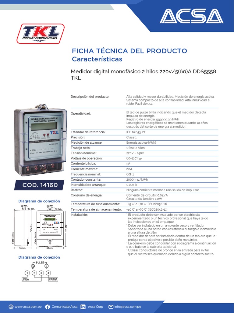Ficha Técnica Del Producto Características: Medidor Digital Monofásico ...