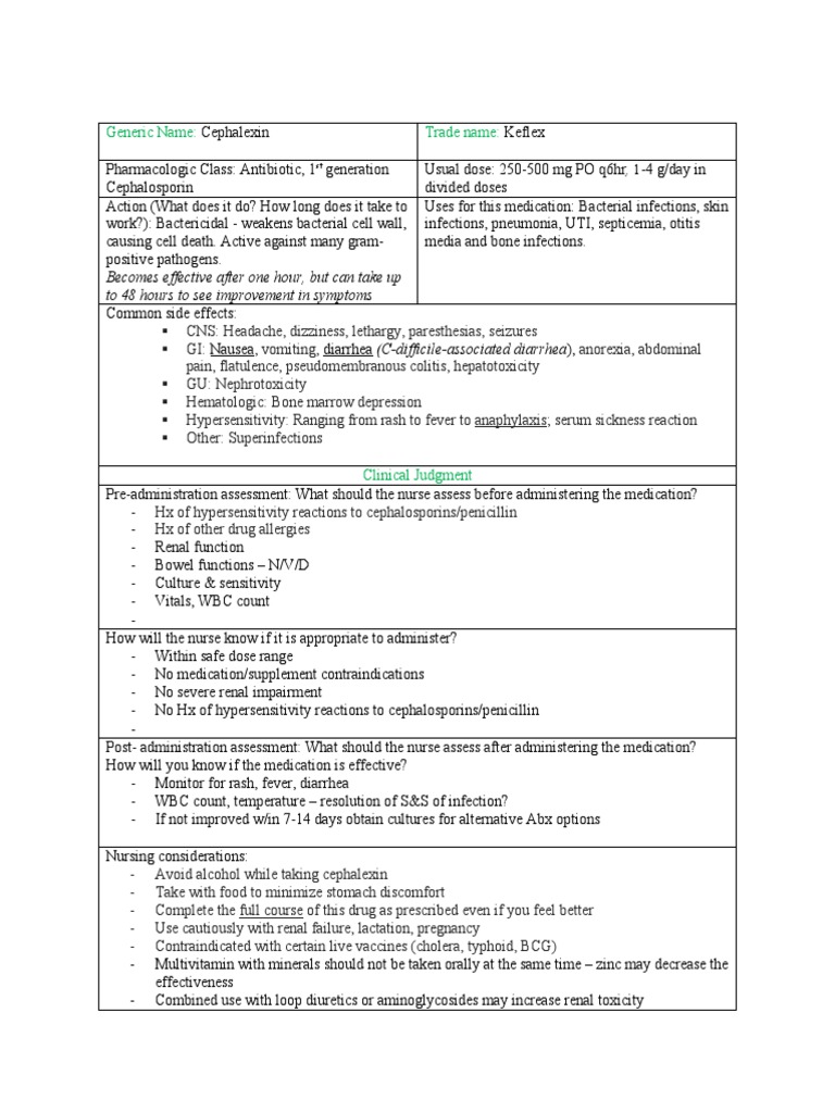 Cephalexin Med Card | PDF | Health Sciences | Medical Treatments