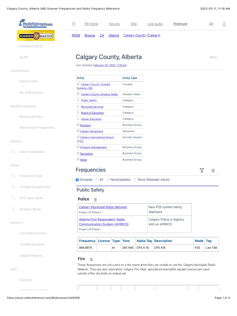 Calgary County, Alberta (AB) Scanner Frequencies and Radio Frequency ...
