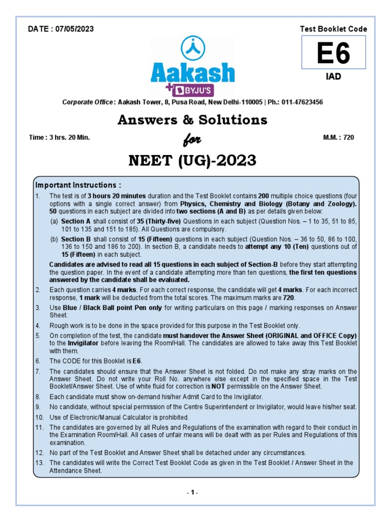 Answer Solution NEET-2023 (Code-E6) Final | PDF | Rotation Around A ...