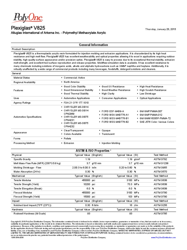 TDS - Acrylic V825 - From PolyOne | PDF | Poly(Methyl Methacrylate ...