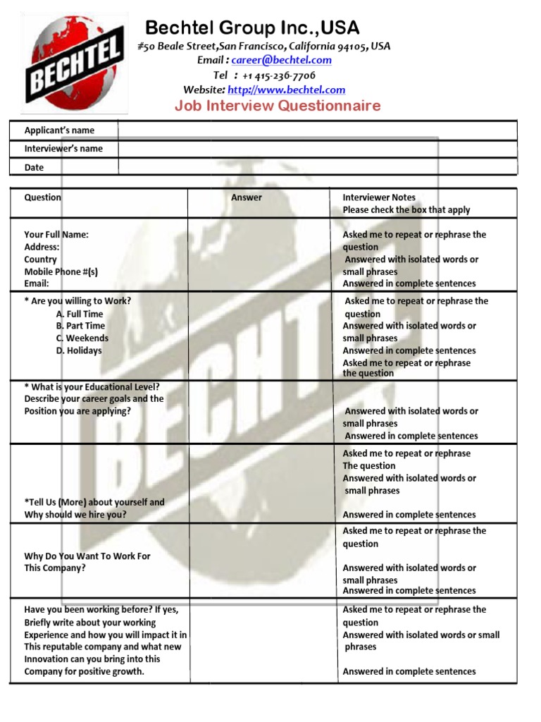 Bechtel Job Questionaire-A | PDF | Travel Visa | Question