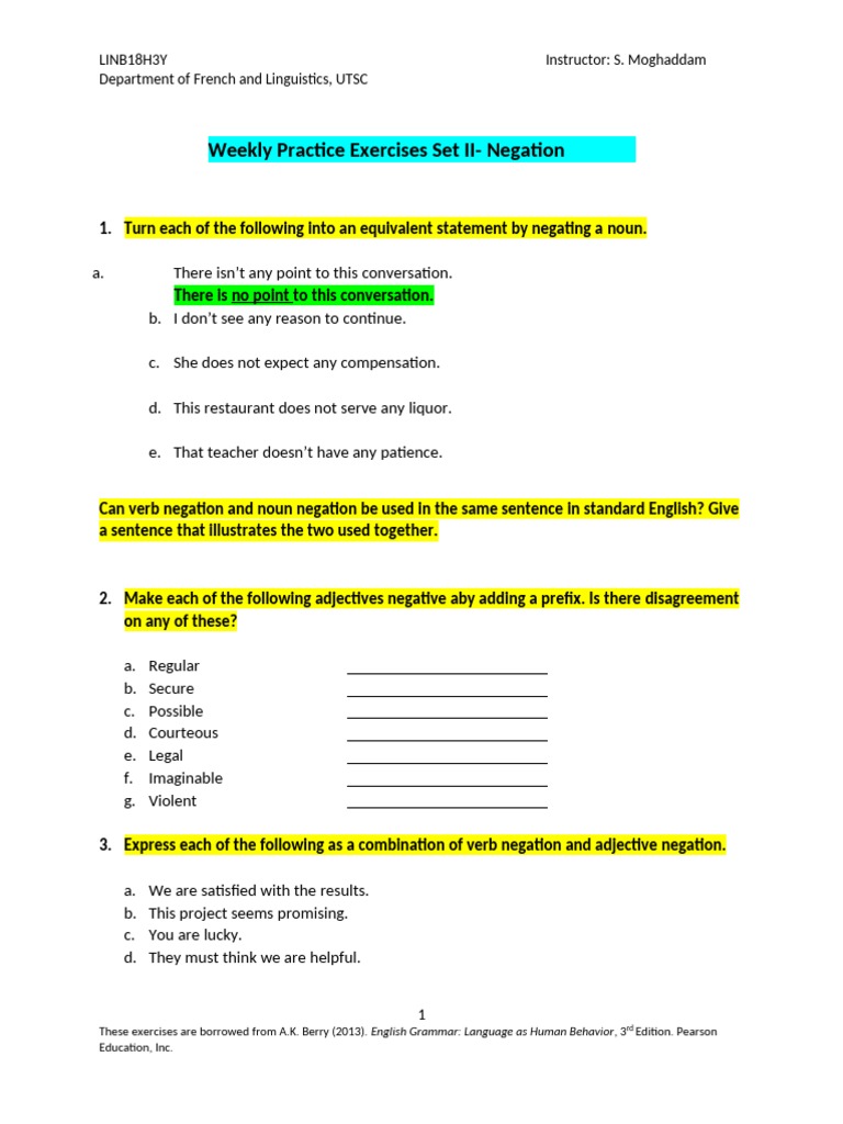 Weekly Practice Exercises-Negation-Set II | PDF | English Language | Phrase