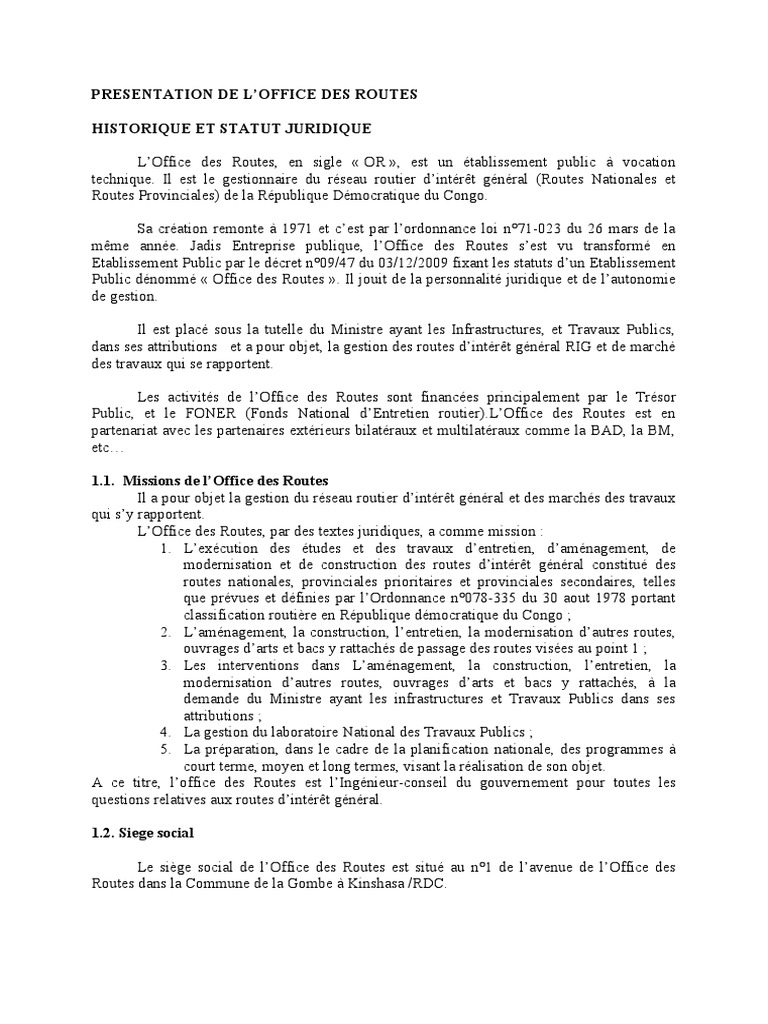Présentation de l'Office des Routes RDC | PDF | Route | Économie d ...