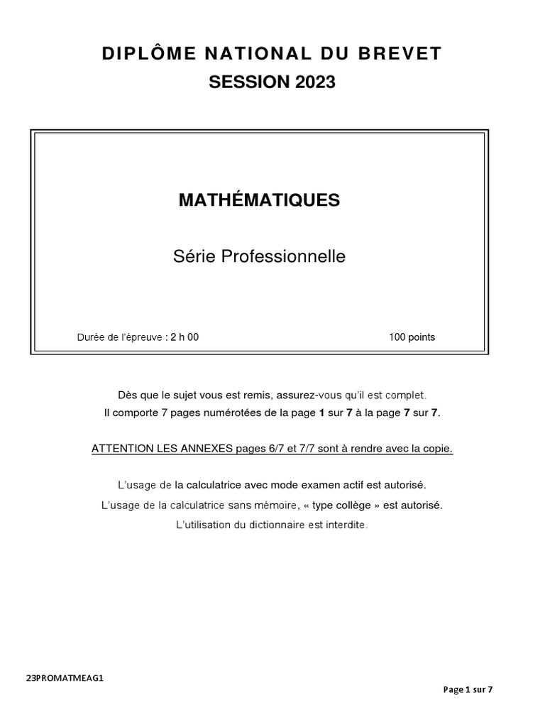 Brevet 2023 Maths (Série Professionnelle) | PDF | Mathématiques