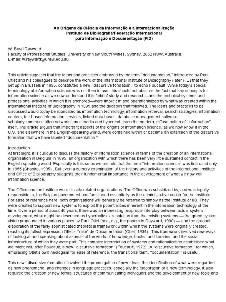 RAYWARD, W - The Origins of Information Science and The International ...