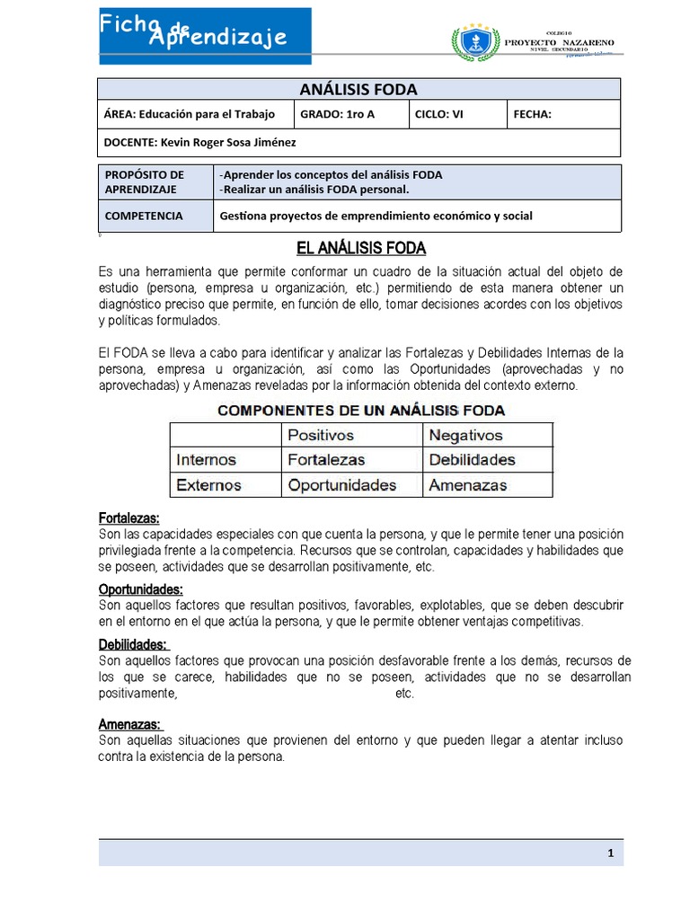 Ficha de EPT 1ro A Sesion 4 | PDF | Análisis FODA | Business
