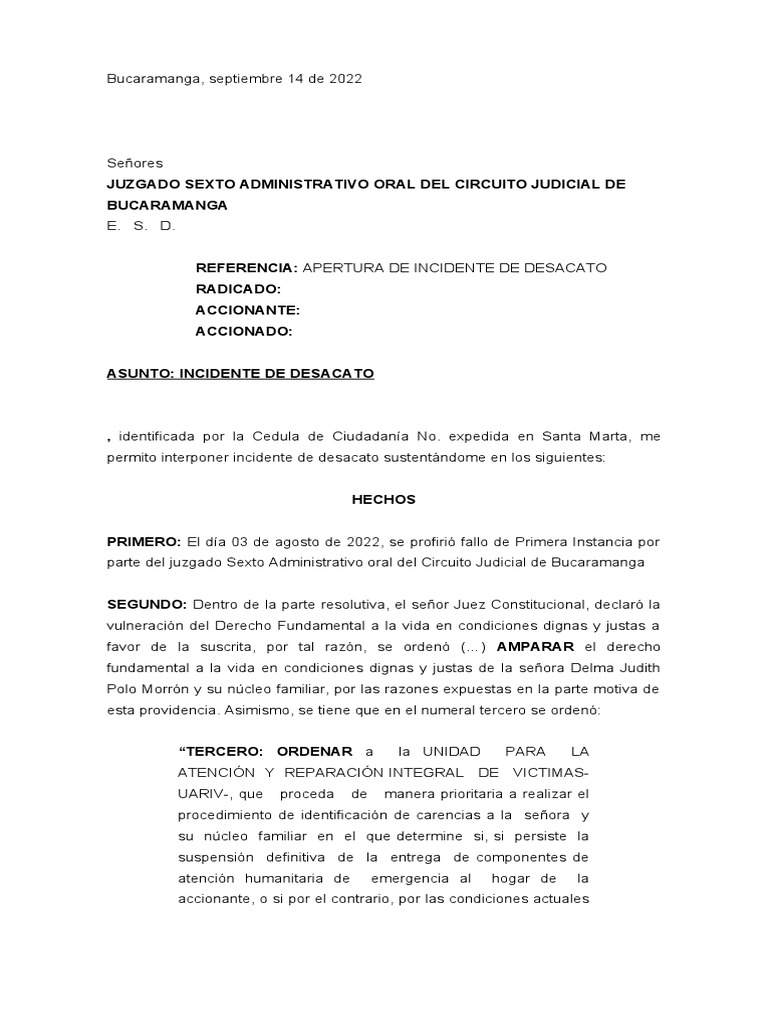 Incidente de Desacato | PDF | Juez | Sentencia (ley)