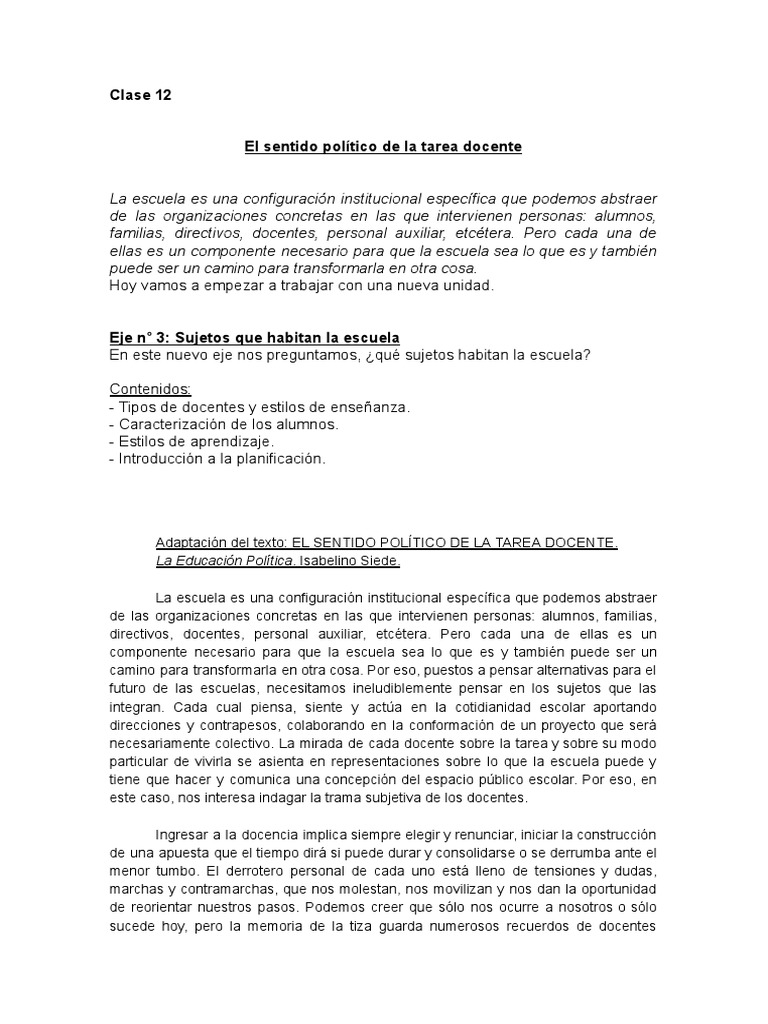 Clase_12_Sujetos_que_habitan_la_escuela.docx | PDF | Enseñando | Maestros