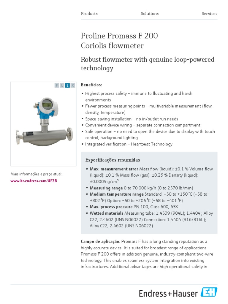 Endress-Hauser Proline Promass F 200 8F2B PT | PDF | Density | Flow ...