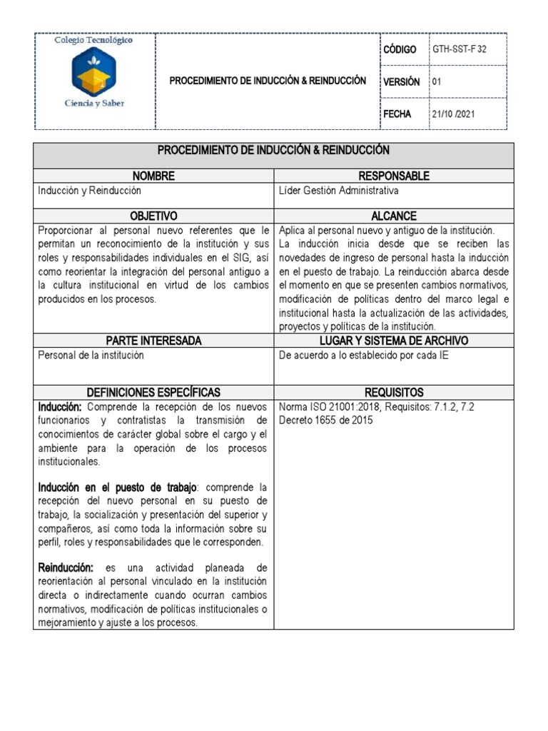 Procedimiento de Inducción y Reinducción - Colegio | PDF | Institución | Evaluación