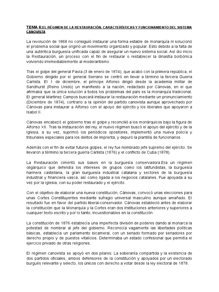 Tema 6_El régimen de la restauración. Características y funcionamiento del sistema canovista ...