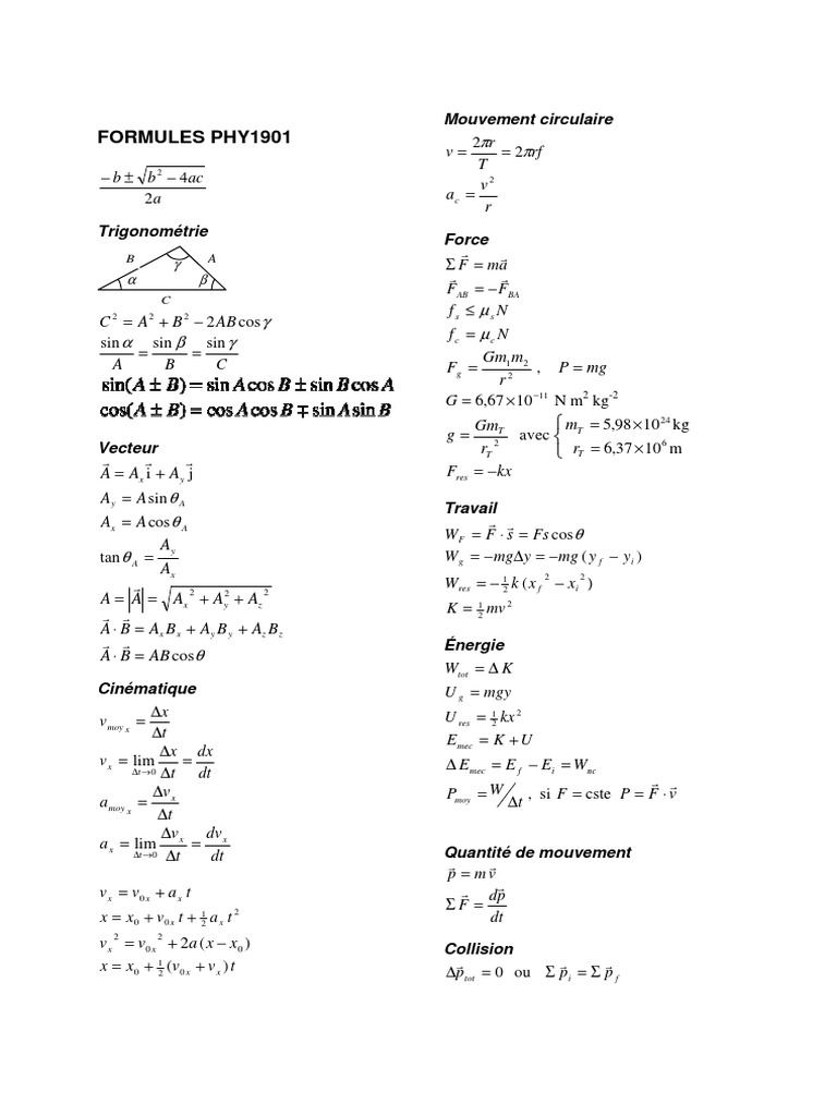 Formules de Physique 101 UDEM | PDF