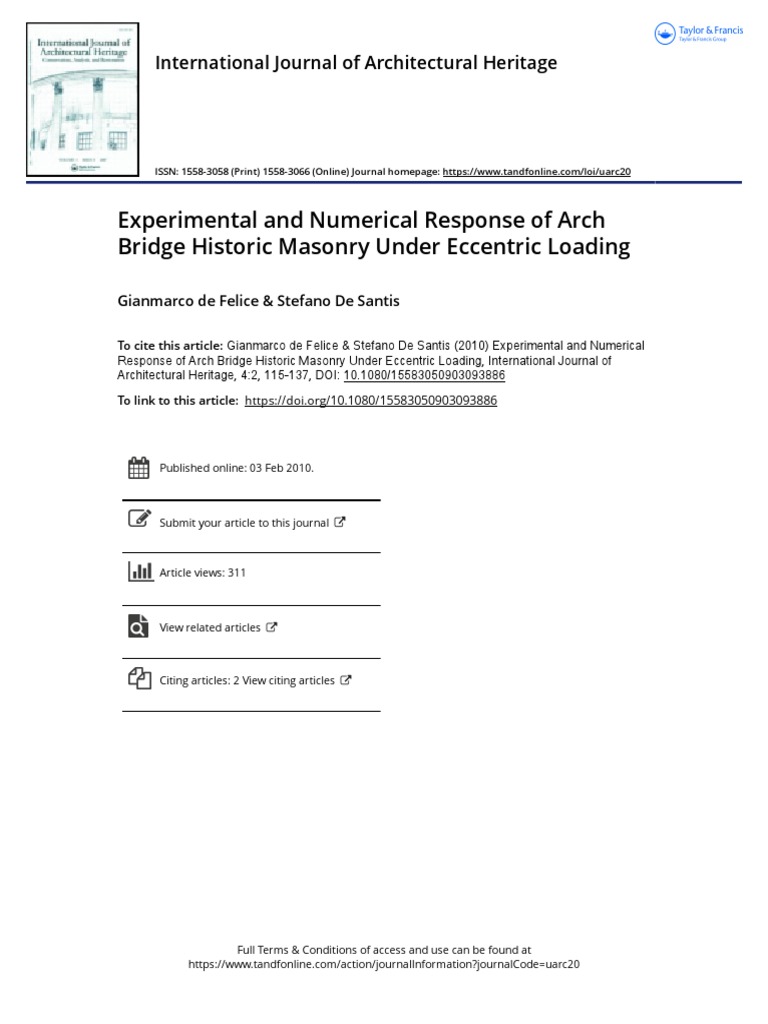 Experimental And Numerical Response Of Arch Bridge Historic Masonry