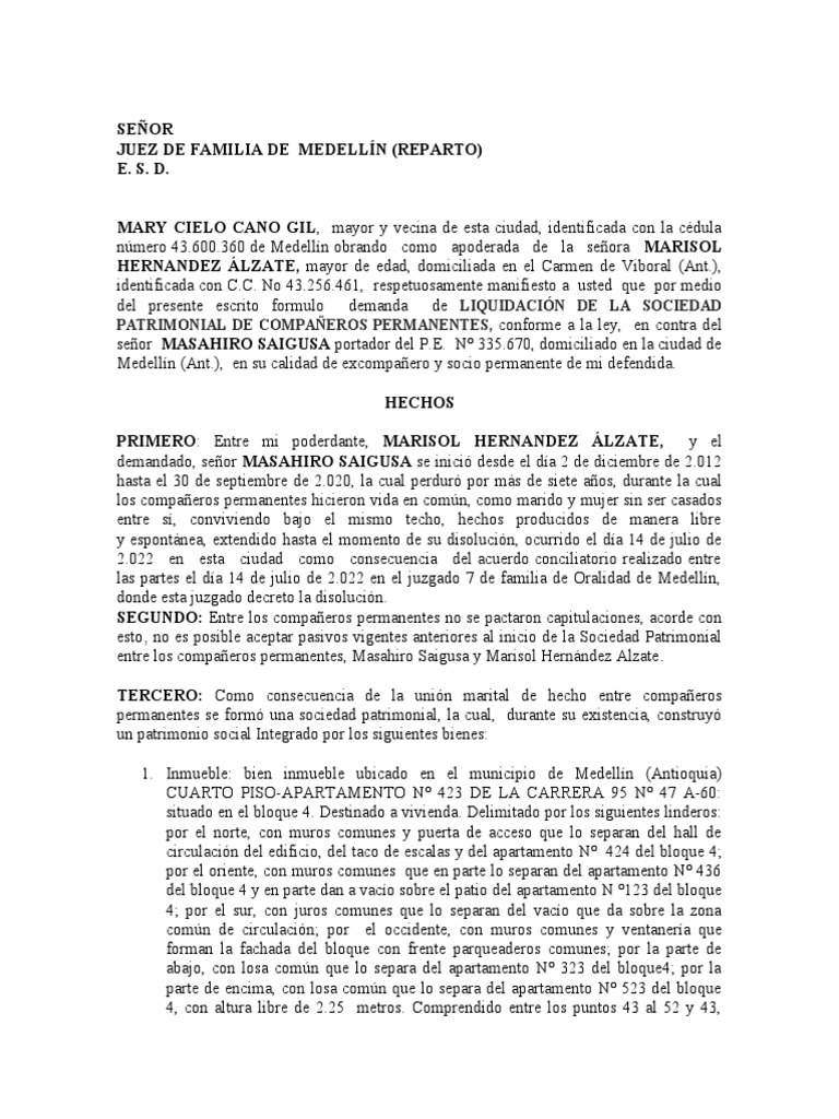 Demanda Liquidación de Sociedad Patrimonial Entre Compañeros de Marisol ...