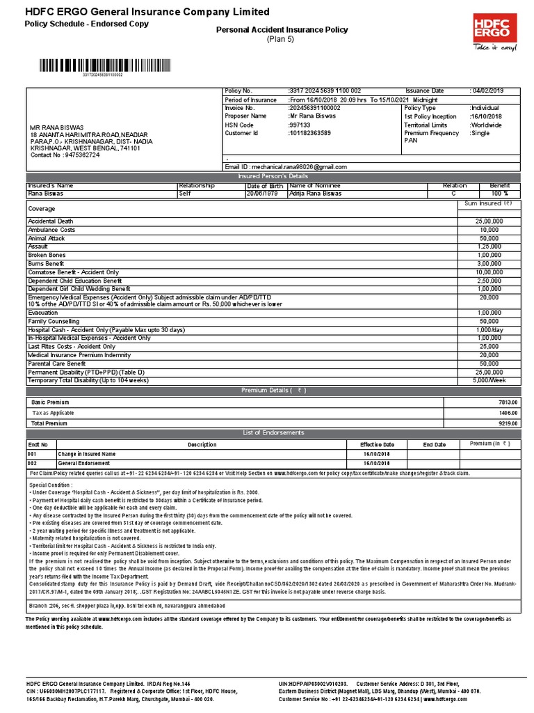 Policy Schedule - Endorsed Copy Personal Accident Insurance Policy ...