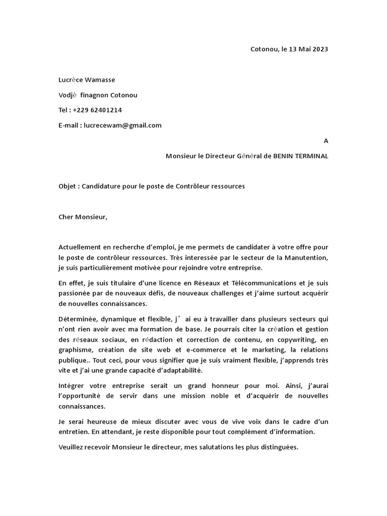 Lettre de Motivation Benin Terminal Lu | PDF Lettre de Motivation Benin Terminal Lu | PDF