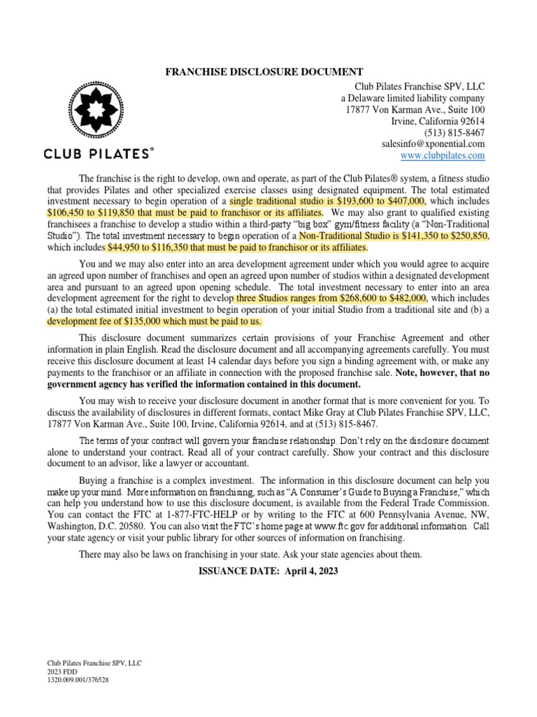 Club Pilates - 2023-04-04 - Franchise Disclosure Document | PDF ...