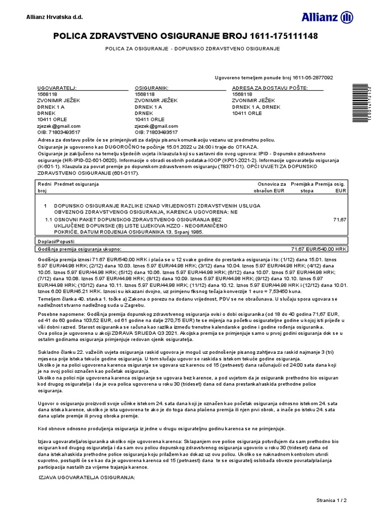 Polica Za Osiguranje - Dopunsko Zdravstveno Osiguranje | PDF
