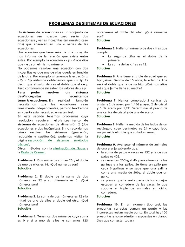 Problemas de Sistemas de Ecuaciones | PDF | Ecuaciones | Álgebra
