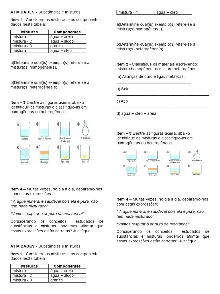 Substância e mistura ATIVIDADES | PDF | Mistura | Substancias químicas