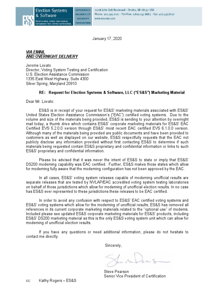Correspondence Between The Election Assistance Commission and ES&S ...