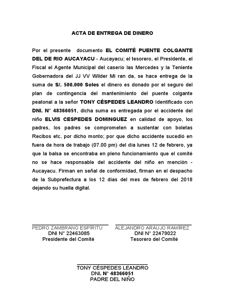 Acta de Entrega de Dinero | PDF | Derecho