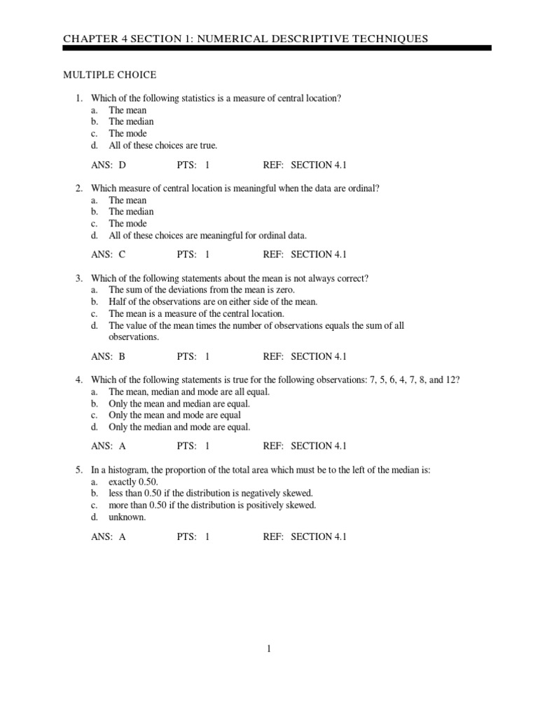 Chapter 4 Section 1: Numerical Descriptive Techniques: Multiple Choice ...