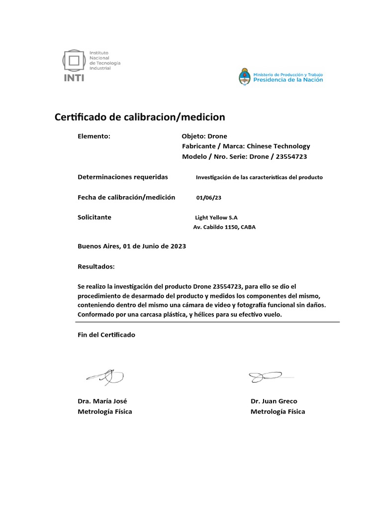 Certificado de Calibracion. INTI | PDF