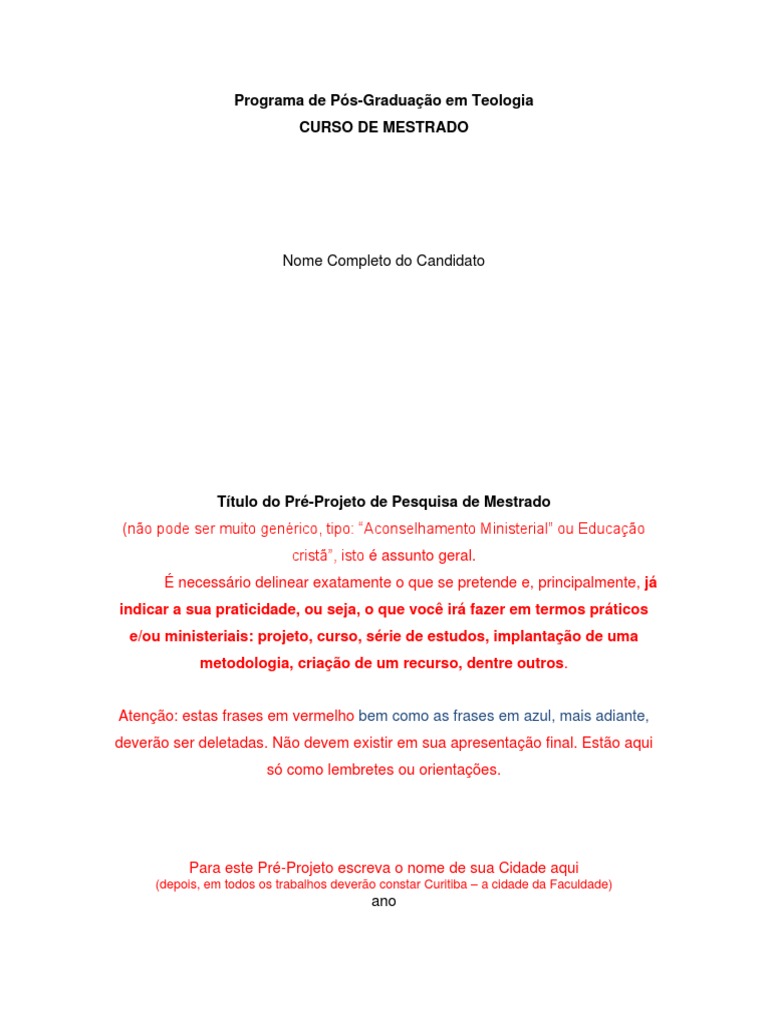 MODELO 2021 de Pre Projeto - Rev | PDF | Mestrado | Sociologia